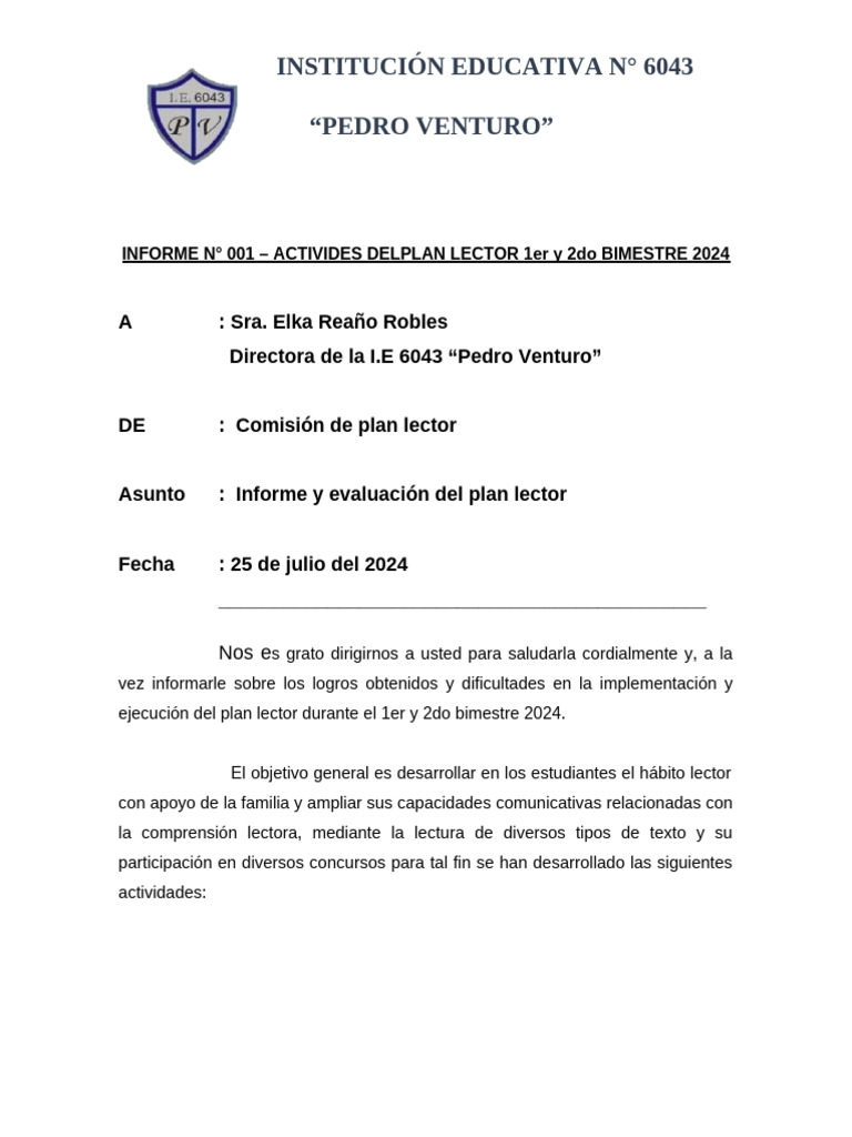 INFORME #1 Plan Lector | PDF | Aprendizaje
