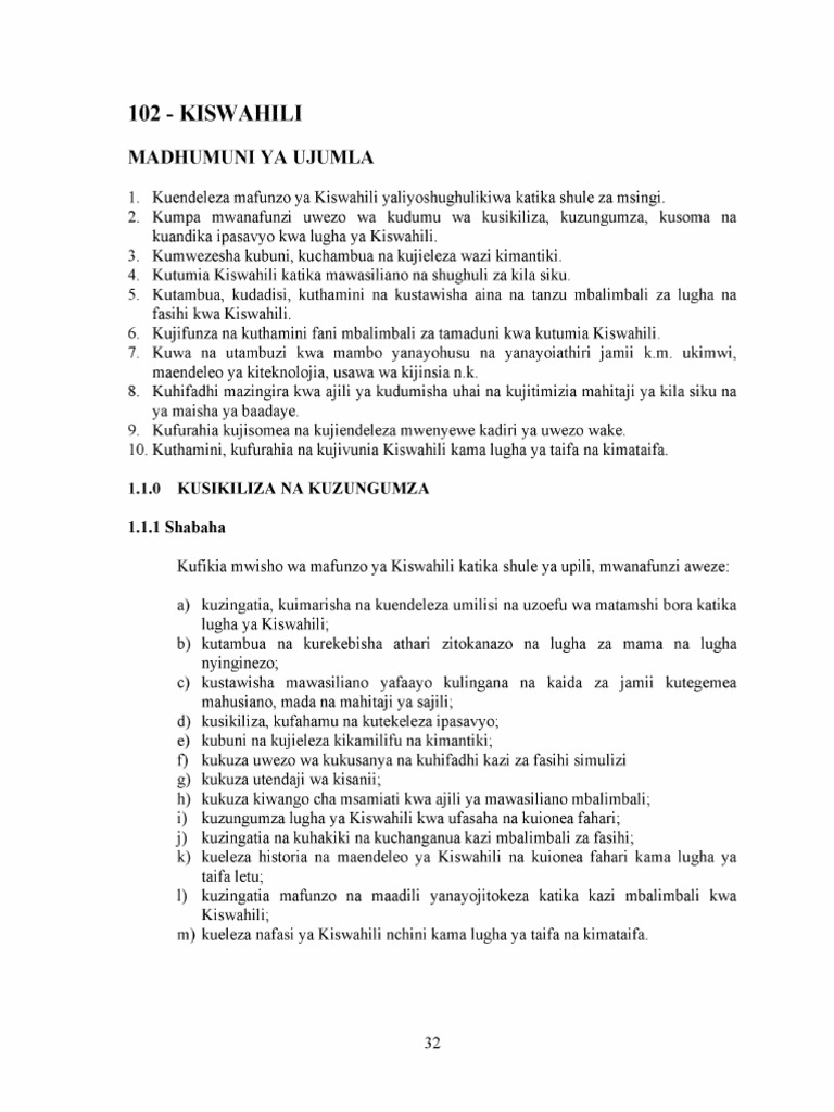Kiswahili Syllabus | PDF