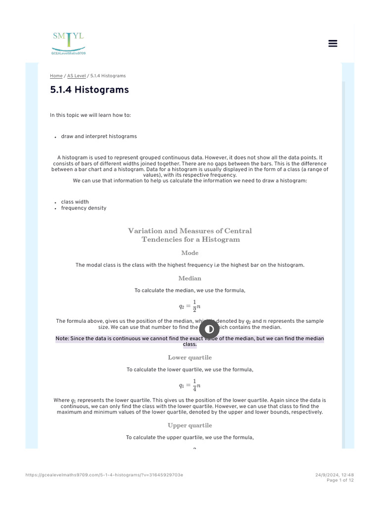 5.1.4 Histograms - GCEALevelMaths9709 | PDF | Histogram | Quartile
