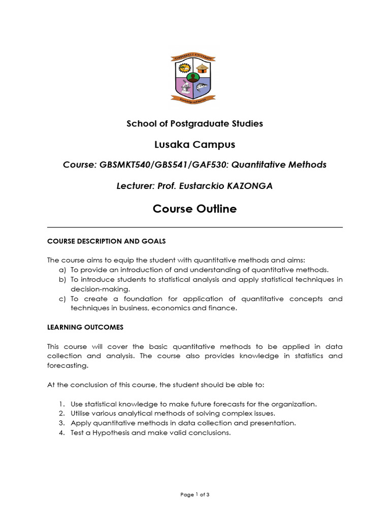 GBS541 Quantitative Methods Course Outline | PDF | Probability Distribution | Statistics