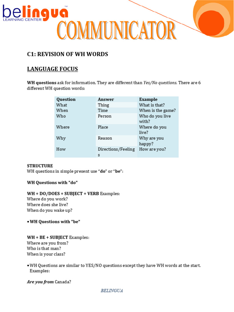 Printable - Revision of WH-Words C1 | PDF | Question | Human Communication