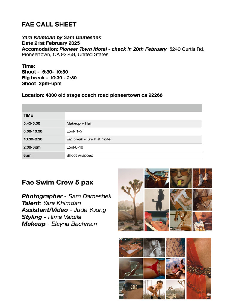 Fae Call Sheet - Yara by Sam 2 | PDF