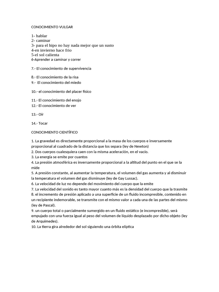 .10 Ejemplos de CONOCIMIENTO VULGAR y Conocimiento Científico. | PDF