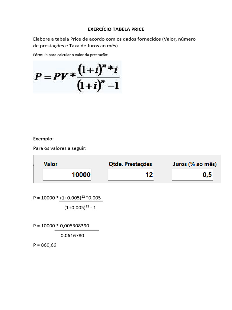 Cálculo da Tabela Price: Exemplo Prático | PDF