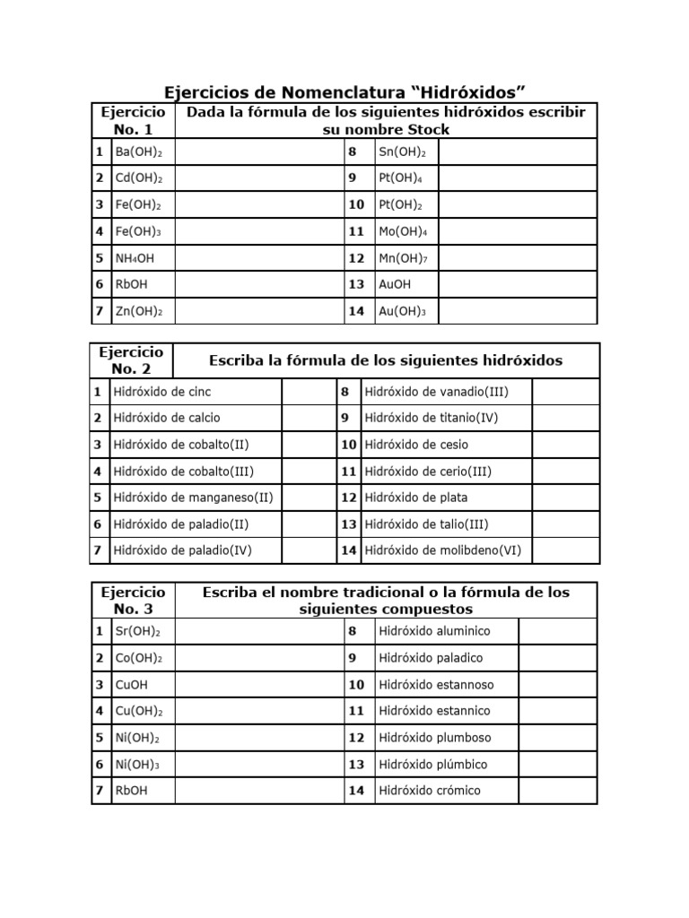 Ejercicios Nomenclatura 3 Hidróxidos | PDF