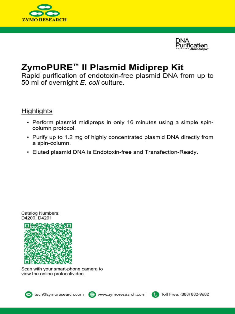 d4200 d4201 Zymopure II Plasmid Midiprep | PDF | Biotechnology | Biology