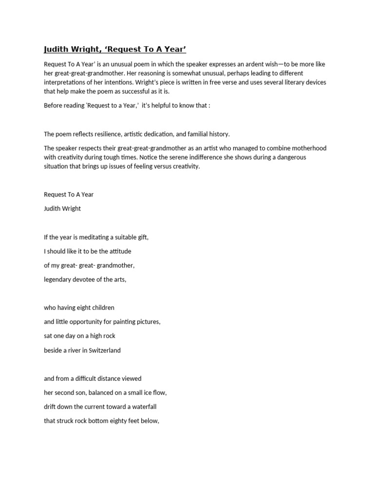 Judith Wright, Request To A Year' | PDF | Poetry | Metre (Poetry)