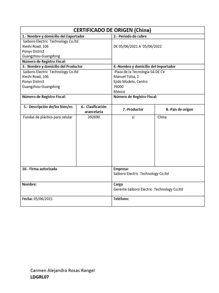 Certificado de Origen. | PDF