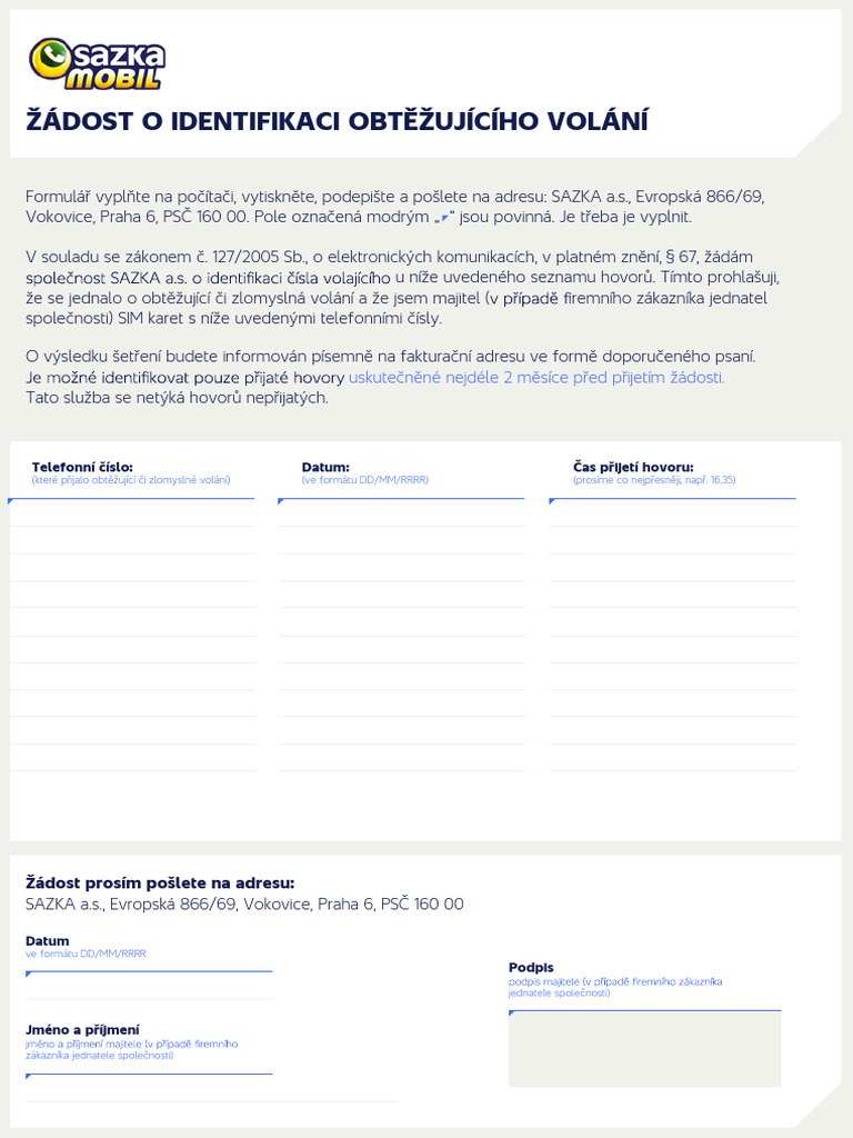 2022 SAZKAmobil Zadost o Identifikaci Obtezujiciho Volani | PDF