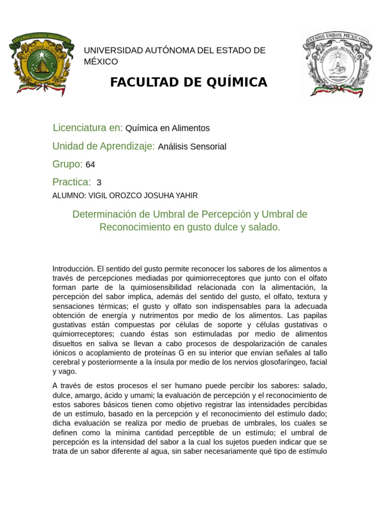 Pracrica 3 Sensorial Umbrales | PDF | Gusto | Sentidos