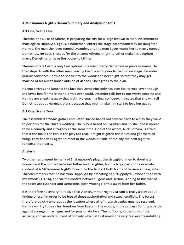 A Midsummer Night's Dream Summary and Analysis of Act 1 | PDF | A ...