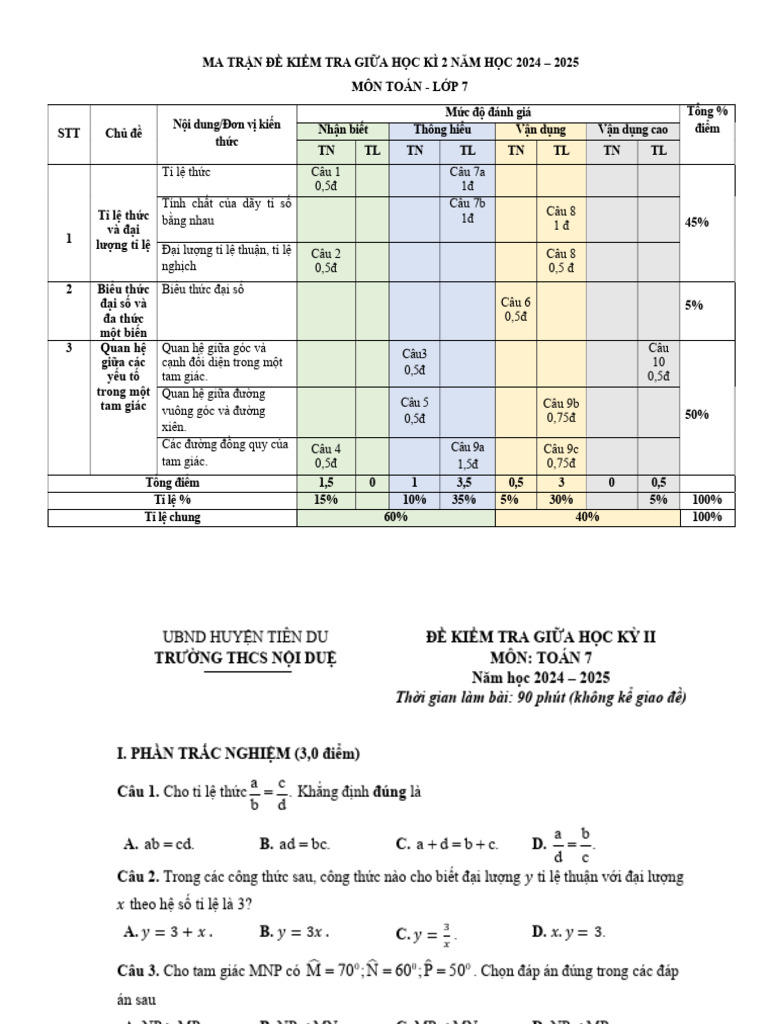 De Giua Hoc Ky 2 Toan 7 Nam 2024 2025 Truong Thcs Noi Due Bac Ninh | PDF