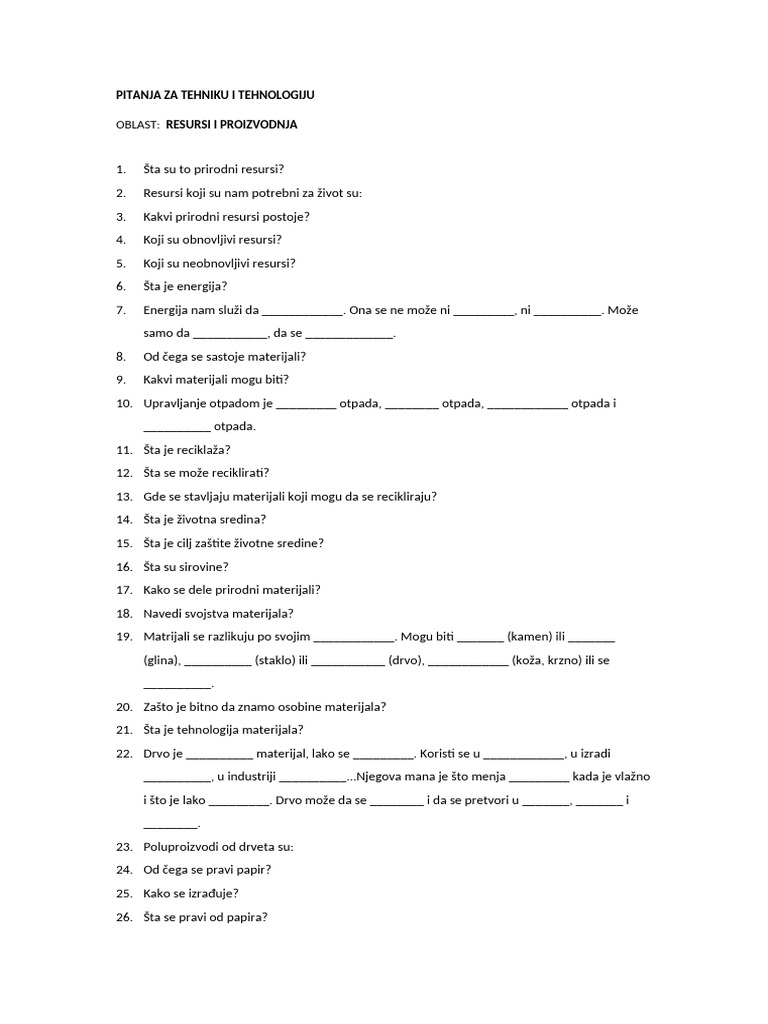 PITANJA ZA TEHNIKU I TEHNOLOGIJU - Resursi | PDF