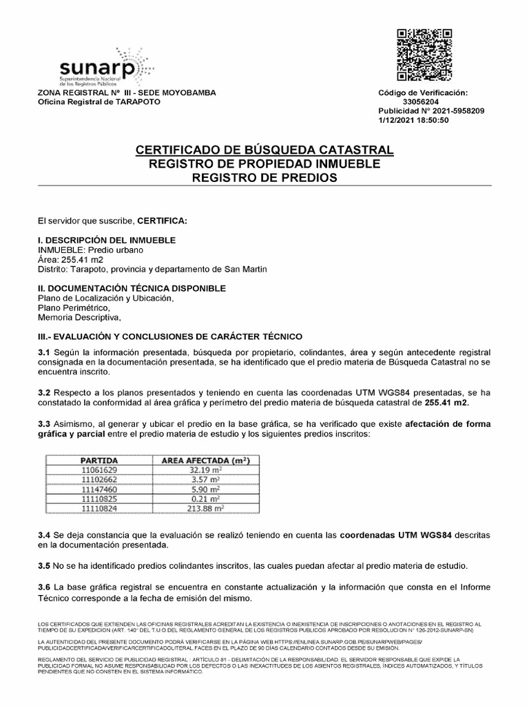 Informe Técnico Búsqueda Catastral Tarapoto | PDF | Ley de Tierras ...