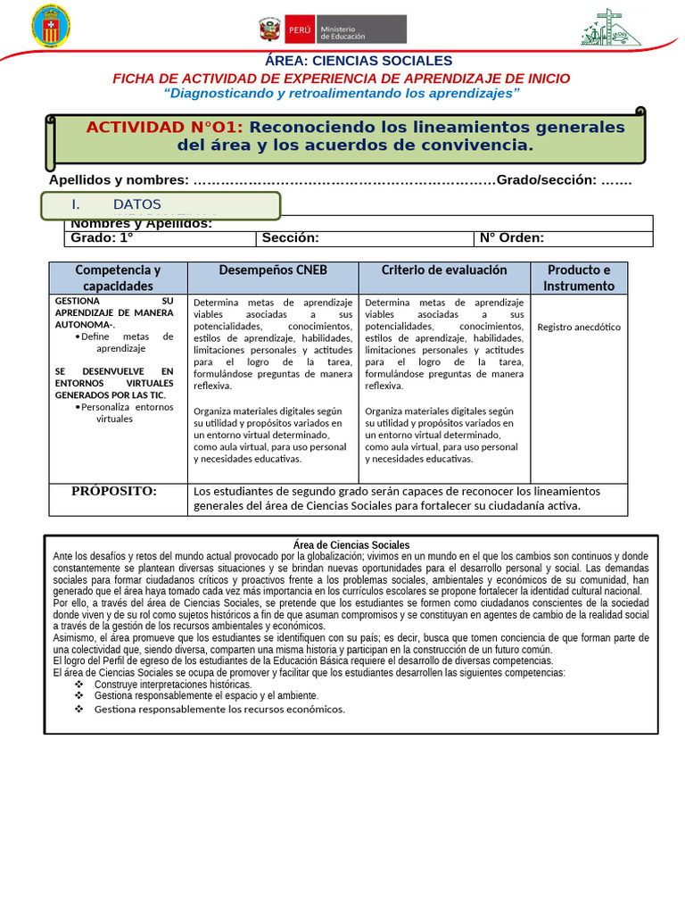 CCSS 1°-Ficha - E.A N°1 | PDF | Sustentabilidad | Aprendizaje