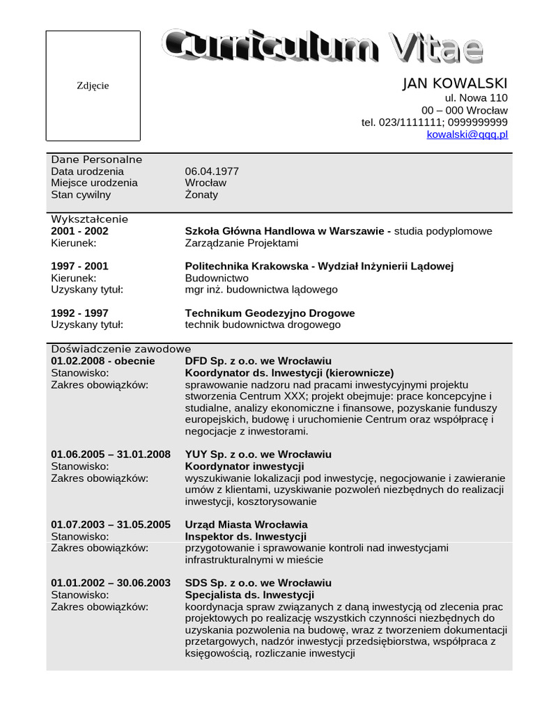 Wzór CV Dla Budowlańca, Architekta 2 | PDF