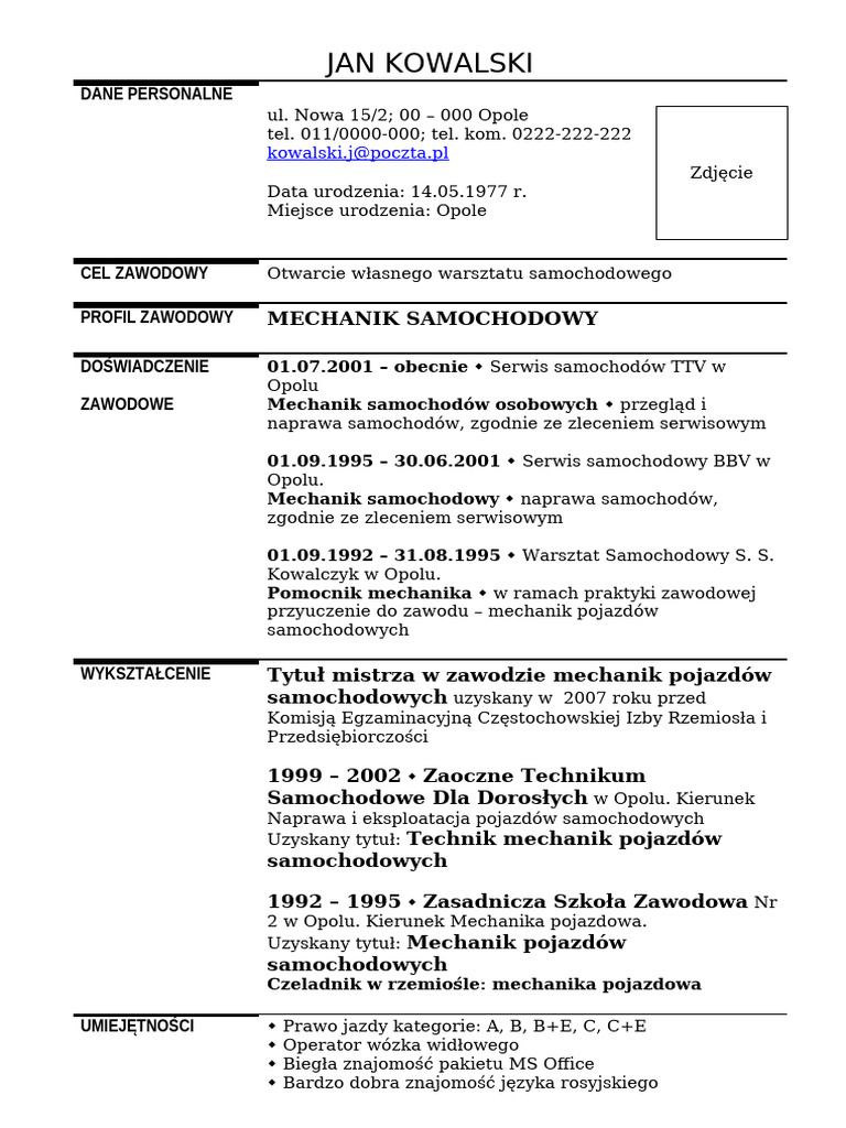 Wzór CV Dla Mechanika Samochodowego | PDF