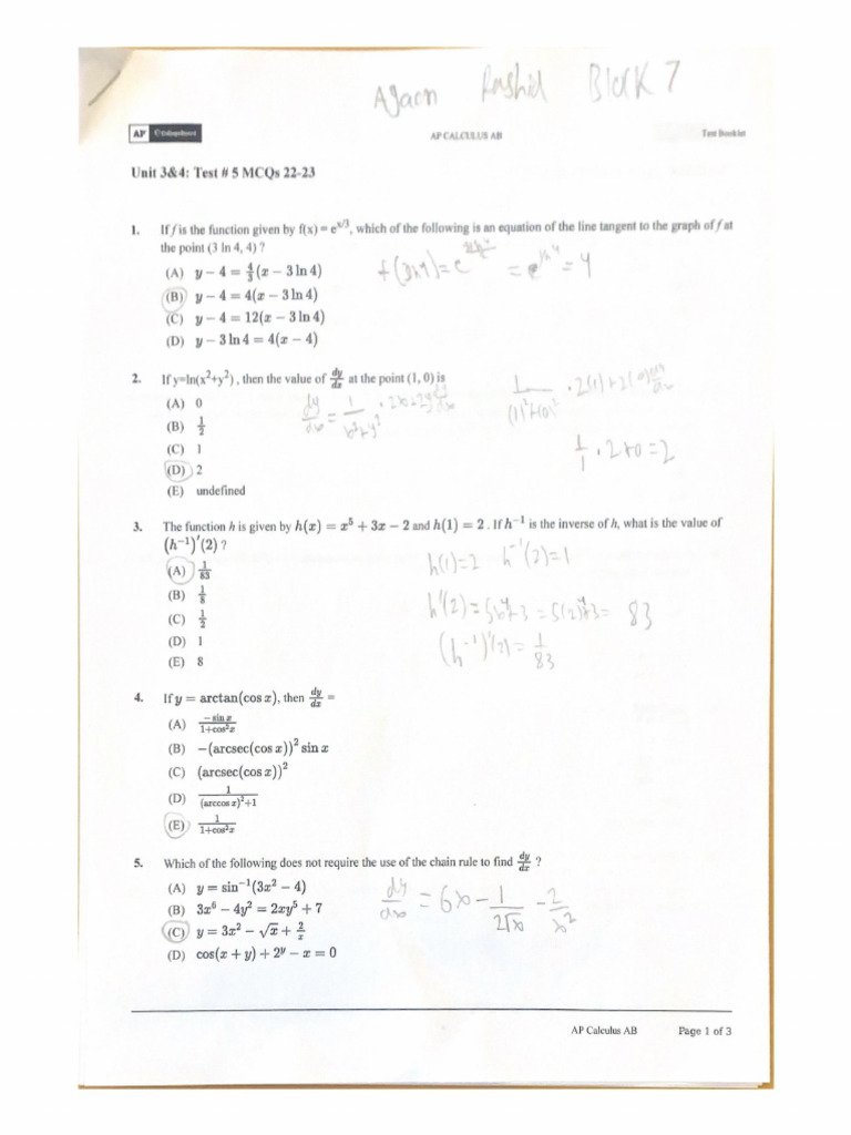 AP Calculus AB Unit 3 4 Test 5 PDF | PDF | Tangent | Elementary Geometry