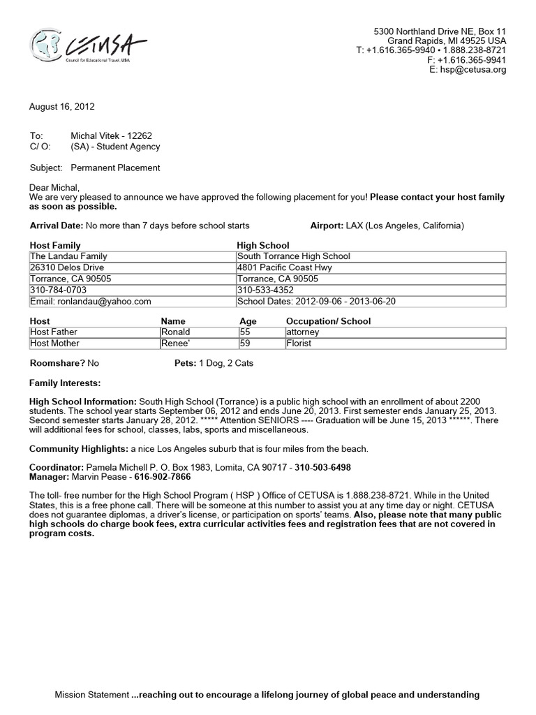 Host Family Placement Letter | PDF | Animals And Humans
