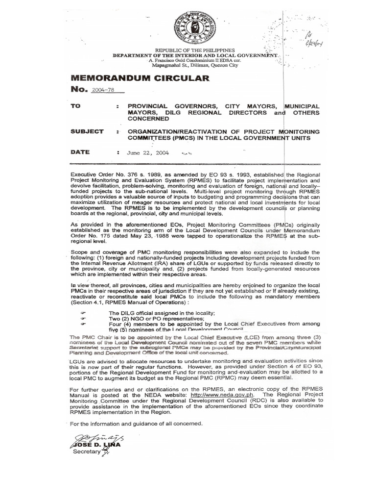 DILG MC 2004-78 - Organization-Activation of PMCs in The LGUs | PDF