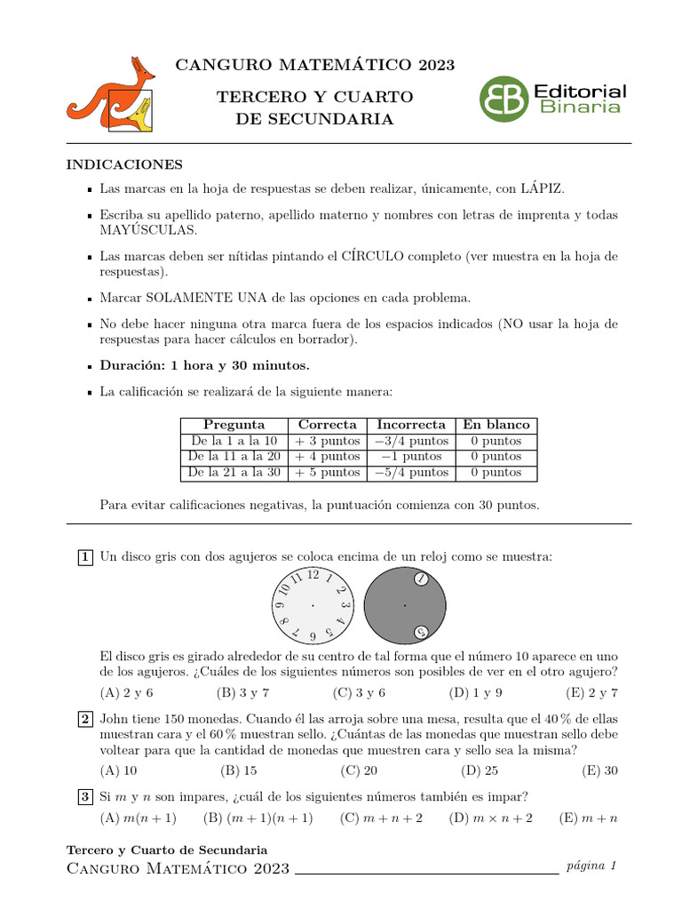 Canguro Matem ATICO 2023 Tercero Y Cuarto de Secundaria: Indicaciones | PDF | Rectángulo | Triángulo