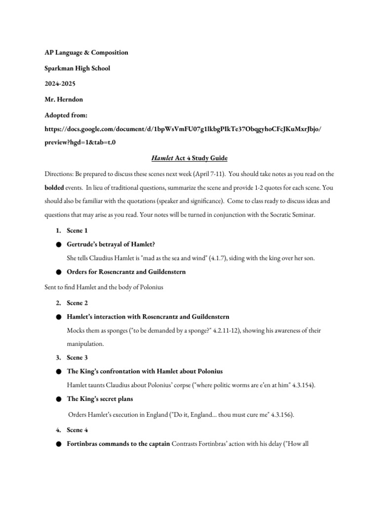 Hamlet Act 4 Study Guide Updated | PDF | Hamlet | Shakespearean Tragedies