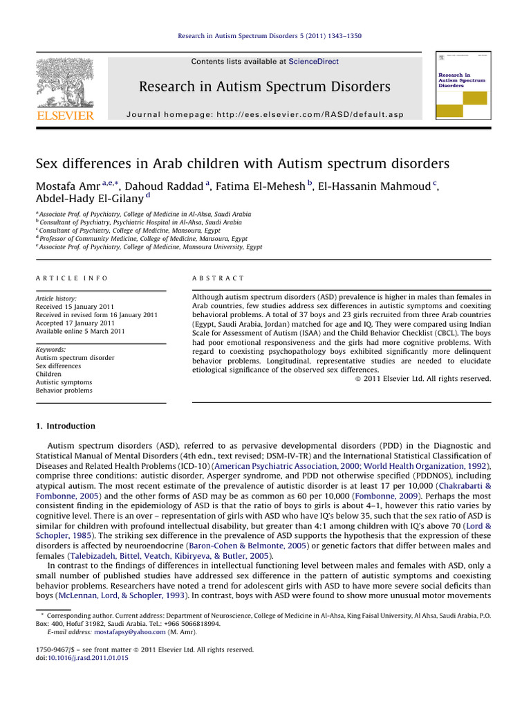 Sex Differences in Arab Children With Autism 2011 Research in Autism ...
