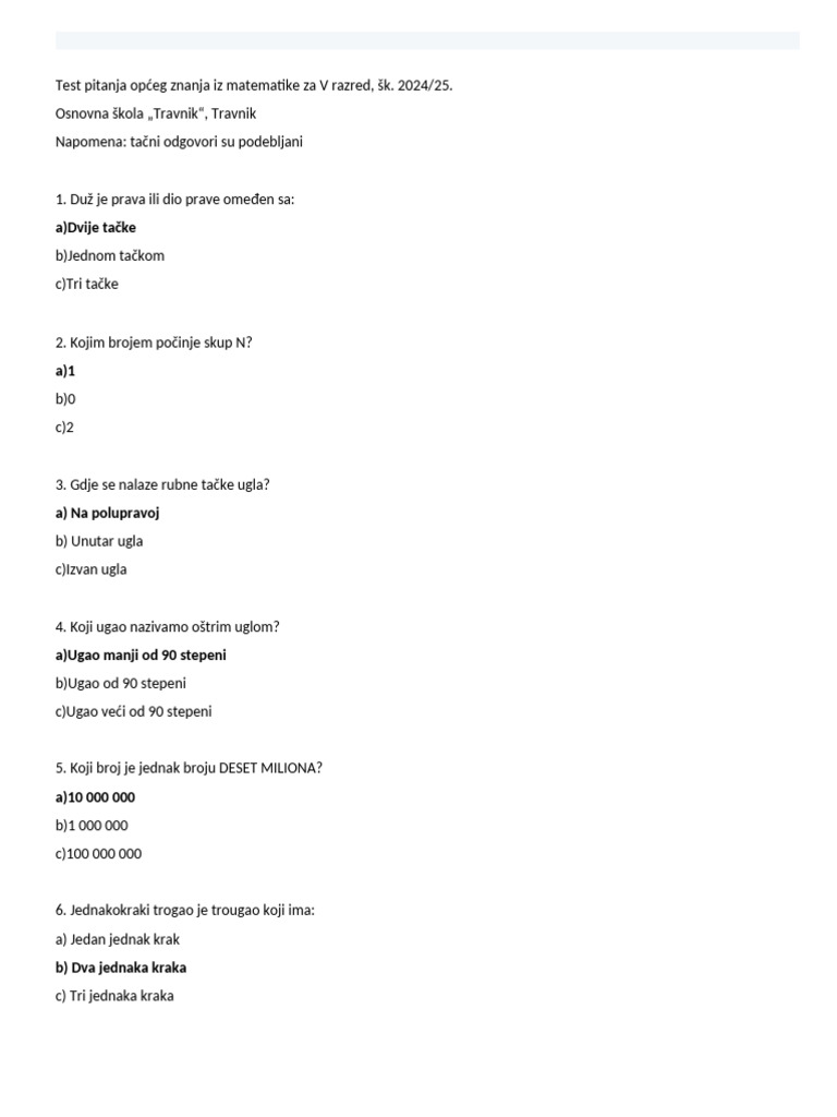 Test Pitanja Općeg Znanja Iz Matematike Za V Razred | PDF