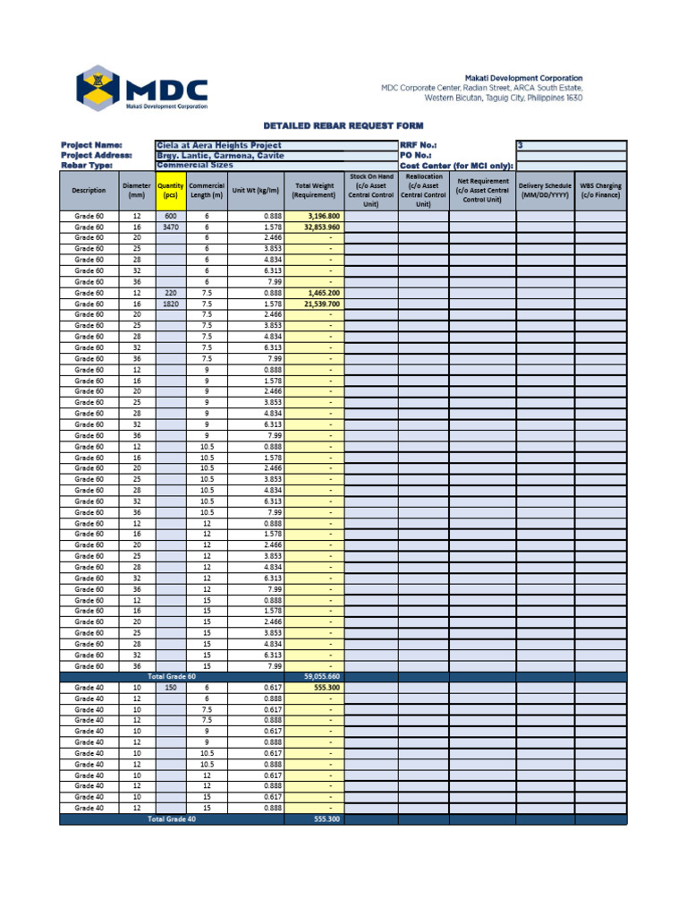 (RRF 3) Details Rebar Requisition Form (Com. Length) 3 | PDF