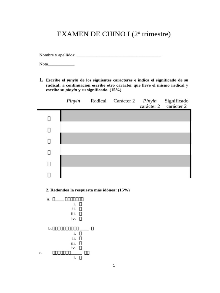 Examen De Chino Trimestre Ii 201920 Pdf