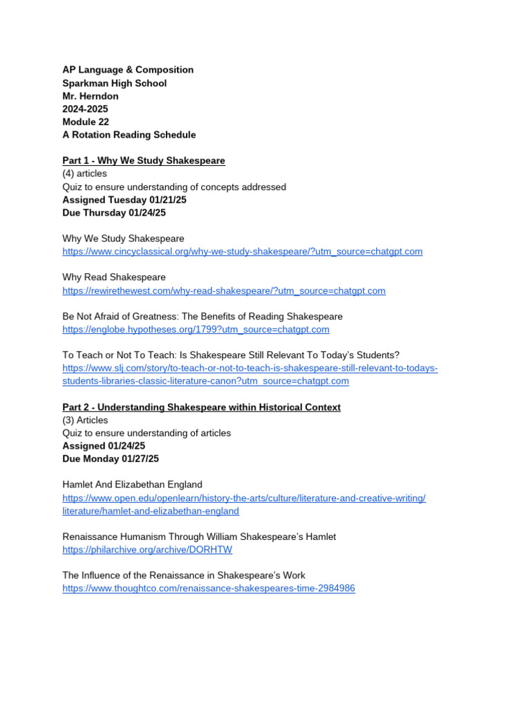 AP Language - Module 22 Reading Schedule | PDF