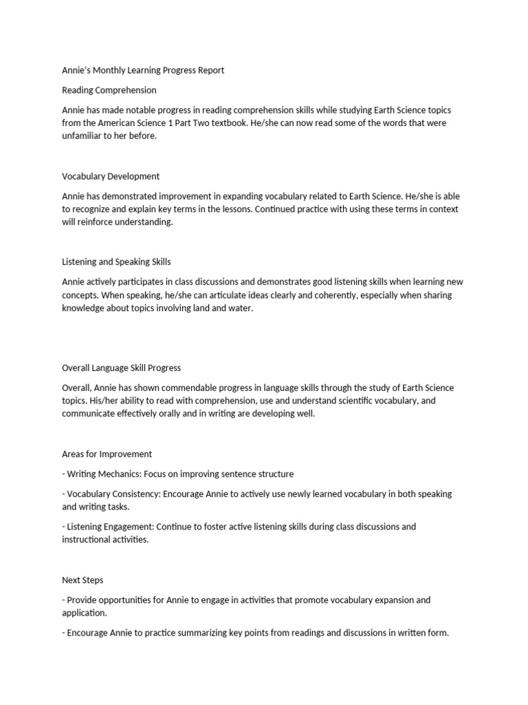 Sample Students Monthly Report | PDF