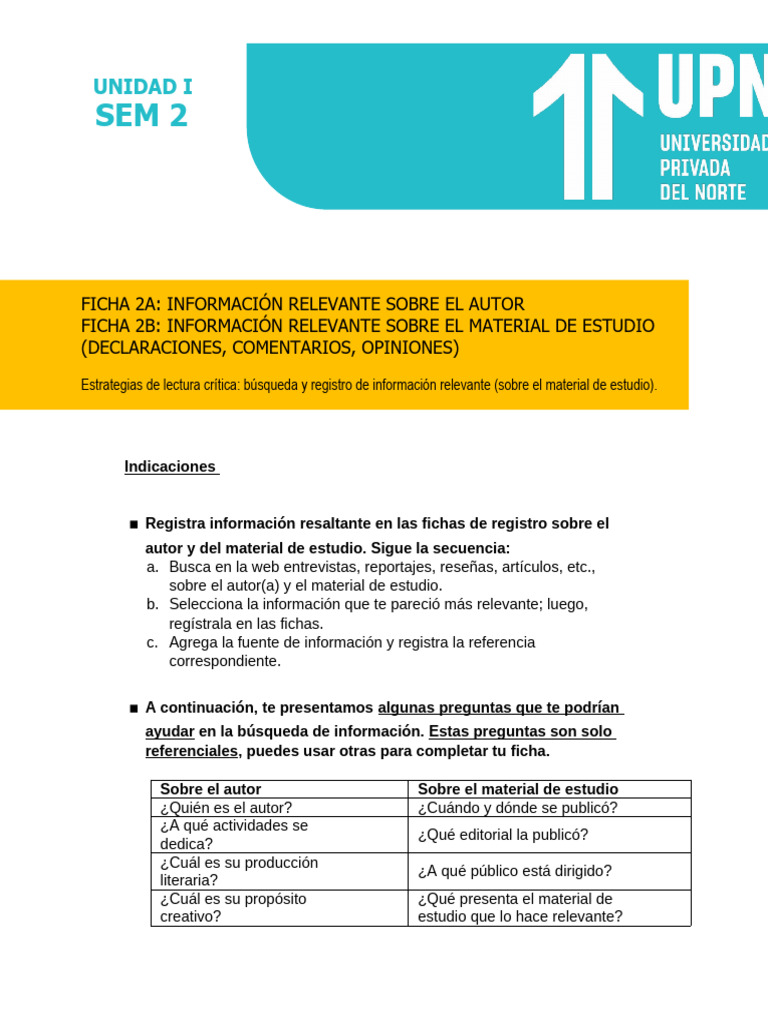 Ficha 2a-2b - Información - Autor y Comentarios - S2 | PDF | Autor | Escritores
