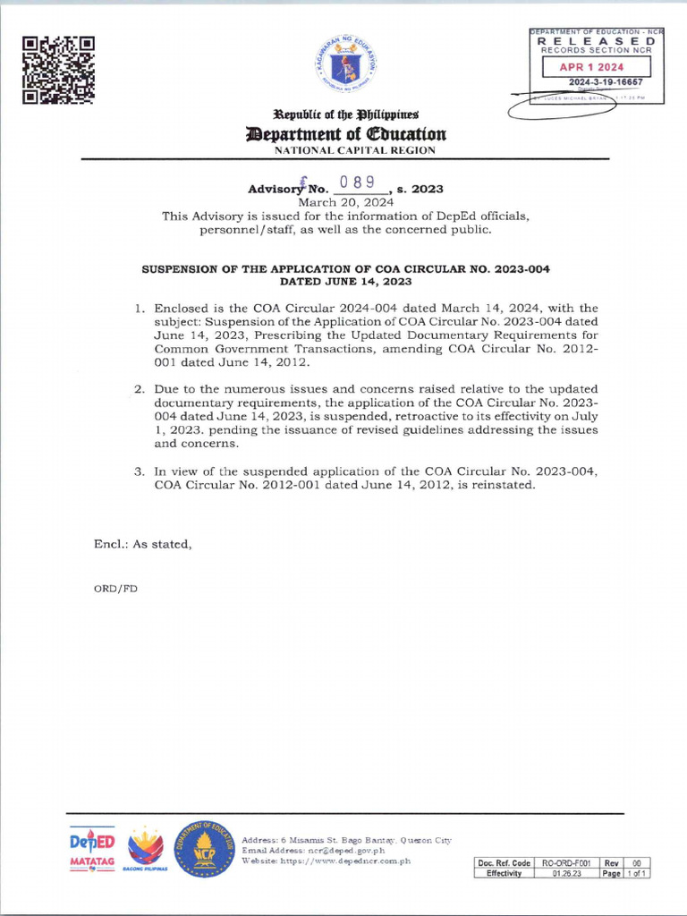 Advisory No. 089 S. 2024 Suspension of The Application of COA Circular ...