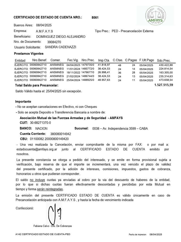 Certificado de Estado de Cuenta AMFAYS | PDF | Bancos | Bancario