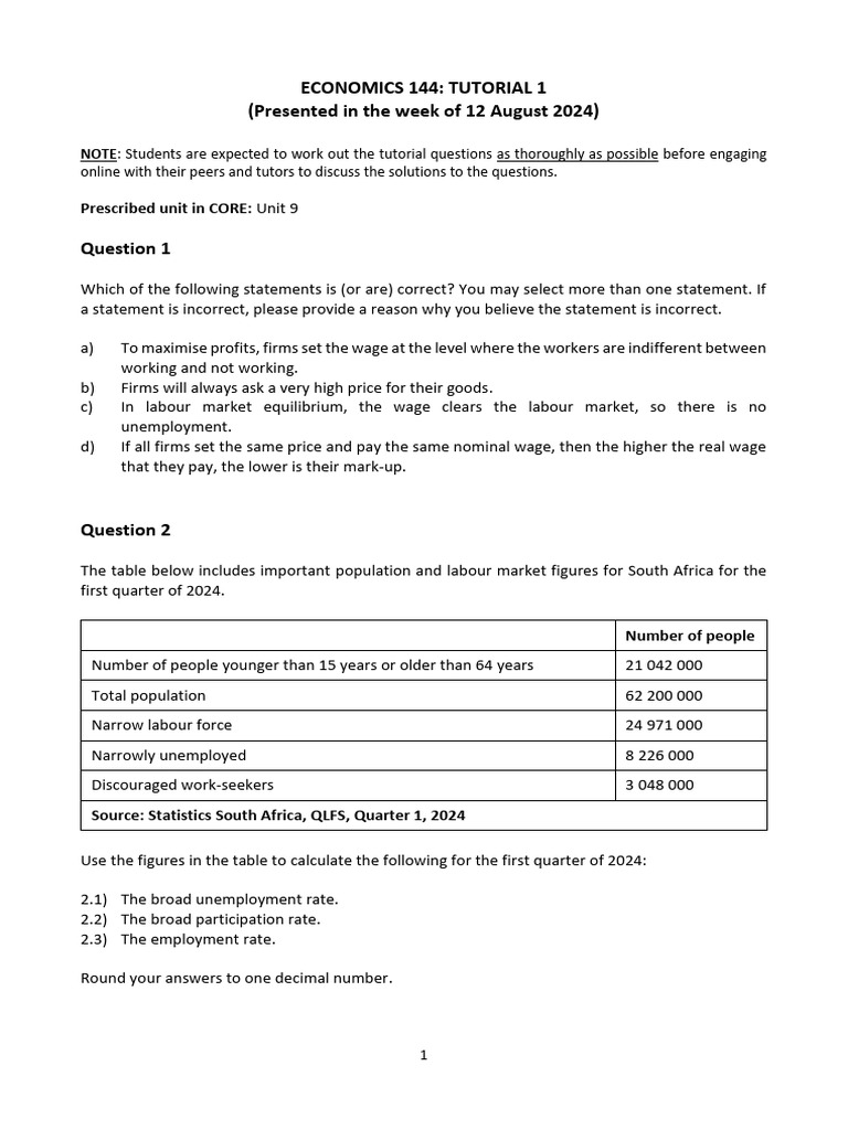Economics 144 Tutorial 1 | PDF