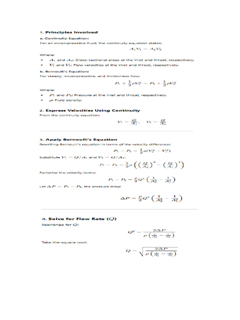 Derivation For Venturi Meter and Orifice Plate Equation | PDF