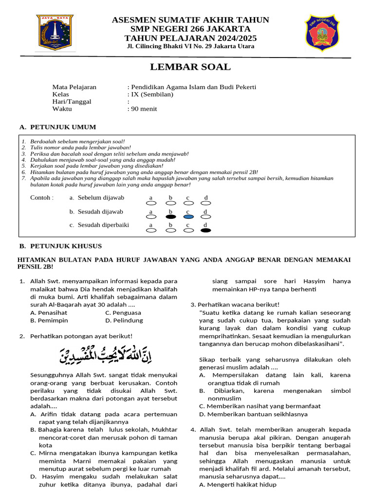 Soal Pai 9 Asat 2024-2025 | PDF