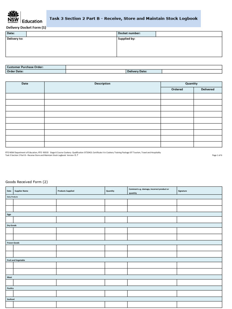 Stock Logbook for Cookery Course | PDF | Refrigerator | Foods