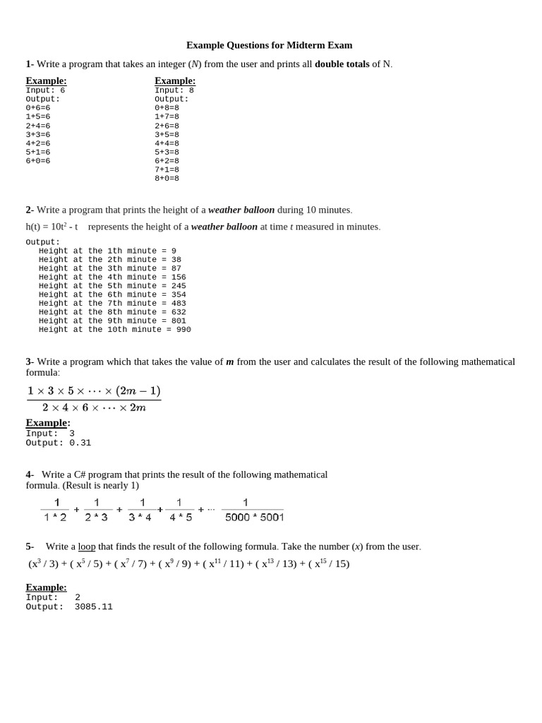Example Questions For Midterm Exam | PDF | Mathematical Notation | Mathematical Objects