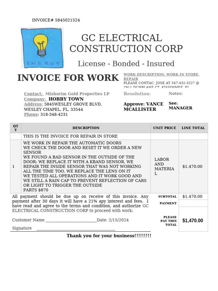 Icginvoice Gc5845021524 Hobby Town Wesley Chapel Store Invoice For Fix ...