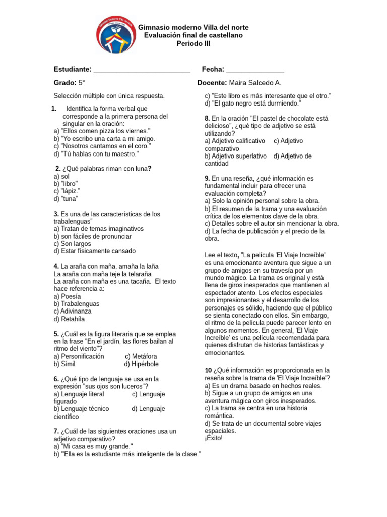Evaluación Final P3 (5°) | PDF | Adjetivo