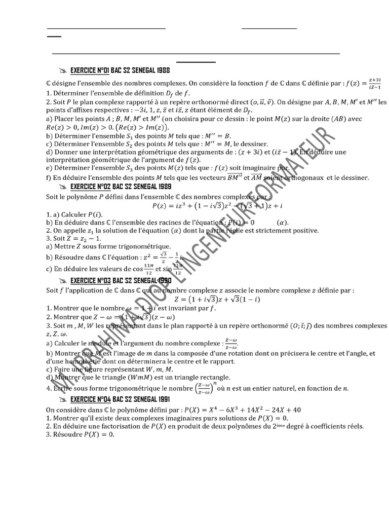 Exercices de Nombres Complexes BAC S2 | PDF | Nombre complexe ...