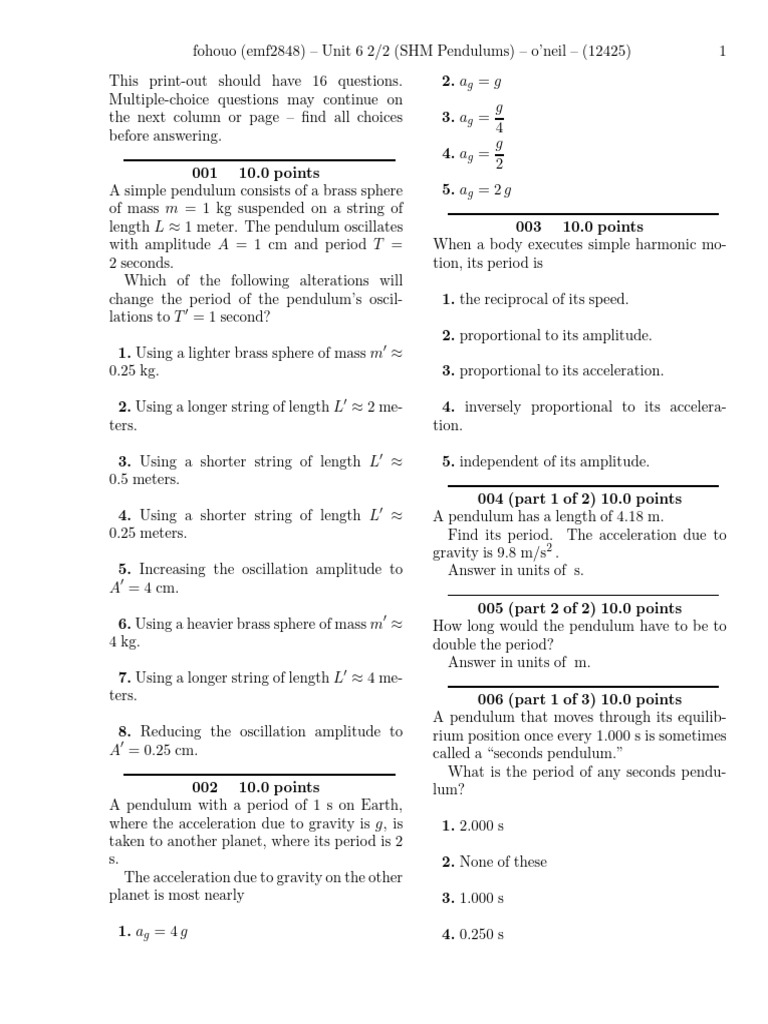 Unit 6 2 - 2 (SHM Pendulums) - Problems | PDF | Pendulum | Clock