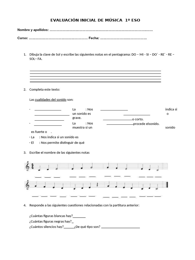 Evaluación de Música 1º ESO: Clave y Notas | PDF