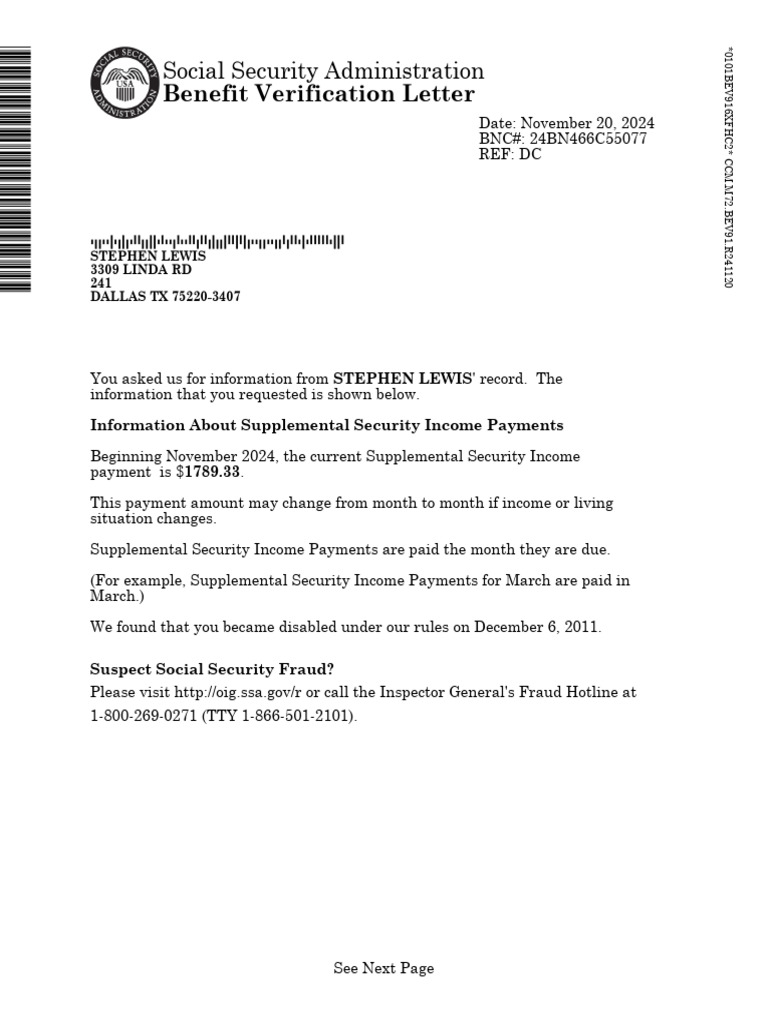 Ssi Benefit Letter | PDF