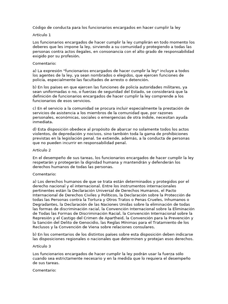 Código de Conducta para Los Funcionarios Encargados en Hacer Cumplir La Ley | PDF | Tortura ...