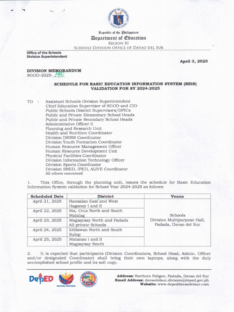 DM Sgod 2025 140 Schedule For Basic Education Information ...