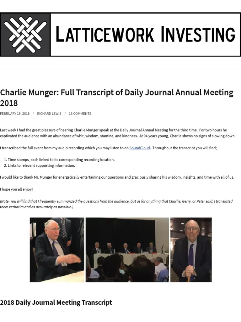 Charlie Munger - Full Transcript of Daily Journal Annual Meeting 2018 ...