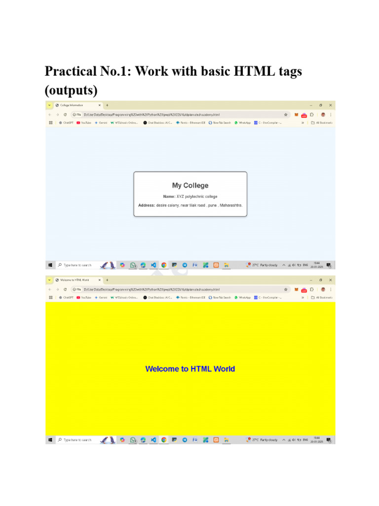 Web Page Designing Practical no.1 outputs | PDF